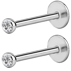 Forbidden Body Jewelry Surgical Steel Internally Threaded Micro CZ Gem Tragus/Labret/Helix Piercing Stud/ 2 Pack: 16G, 10mm with 2mm Top