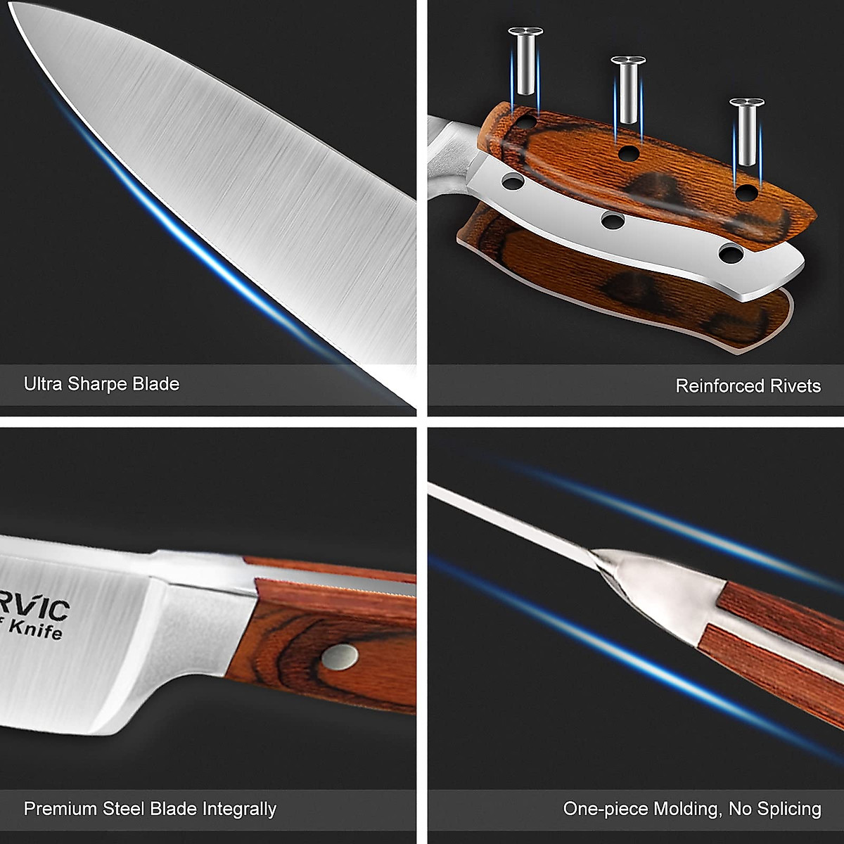 FETERVIC Knife Set -16 PCS High Carbon Kitchen Knife Sets Wooden Block with Chef Knife, 6 Pieces Steak Knives, Bread Knife, Sharpener Rod and Kitchen Scissors - Best Gift