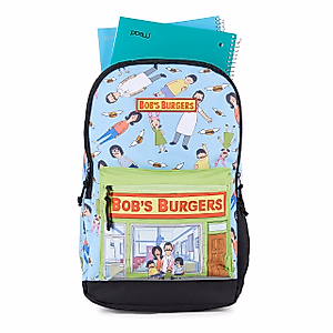 Bob's Burgers Mens Allover Backpack - Bob's Burgers Bob, Tina & Louise Belcher Bookbag - Knapsack for Everyday (Light Blue)