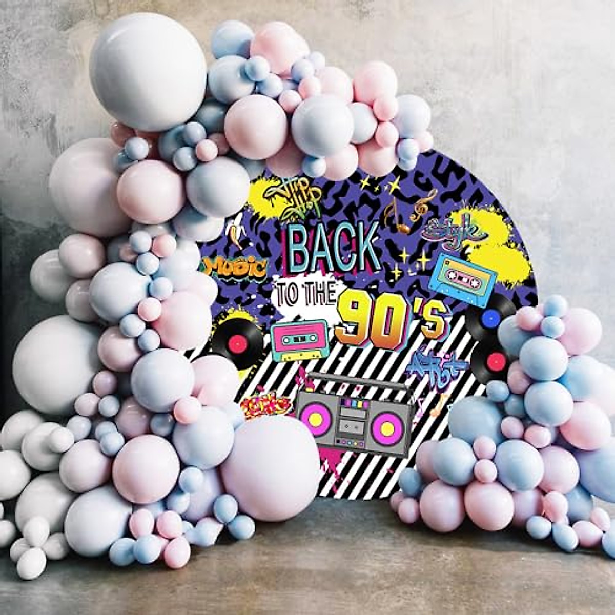 AWERT Polyester Diameter 7ft Round Back to The 90's Backdrop Retro Colorful Graffiti Hip Hop Old Radio Black White Stripes Photo Background 90's Theme Birthday Party Discos Ball Decoration