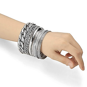 Ensoul Shiny Silver Color Multiple Textured Metal Bracelets & Bangles Set 14Pcs/Set W/Rhinestones