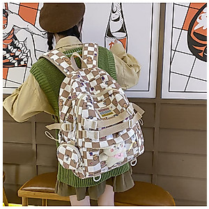 Lokkcy Cute Kawaii Backpack for Teen Girls with Doll,Fashion Plaid Backpack for School checkerboard backpack. (Khaki)