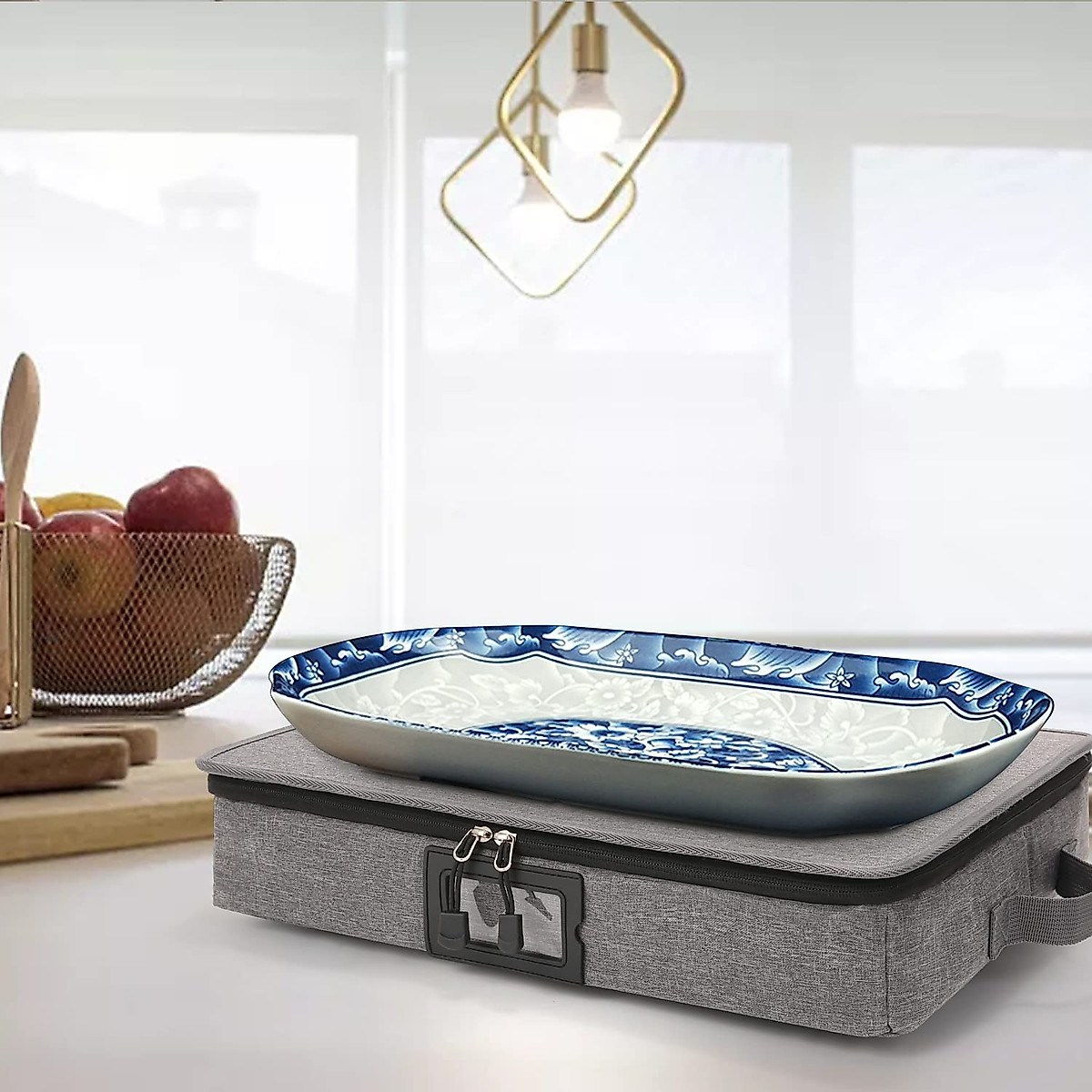 Platter Storage Case, China Storage Containers, Hard Shell and Stackable, 17'' x 13 inchs'' With Waterproof Inside - 4 Felt Dividers Included (Gray)