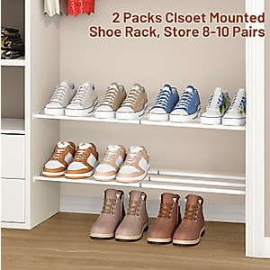 KIMBORA Expandable Shoe Rack for Closet Mounted Shoe Storage Organizer Shelves, 2 Packs Metal Adjustable Shoe Shelf Organizer for Bedroom, Cabinet, White