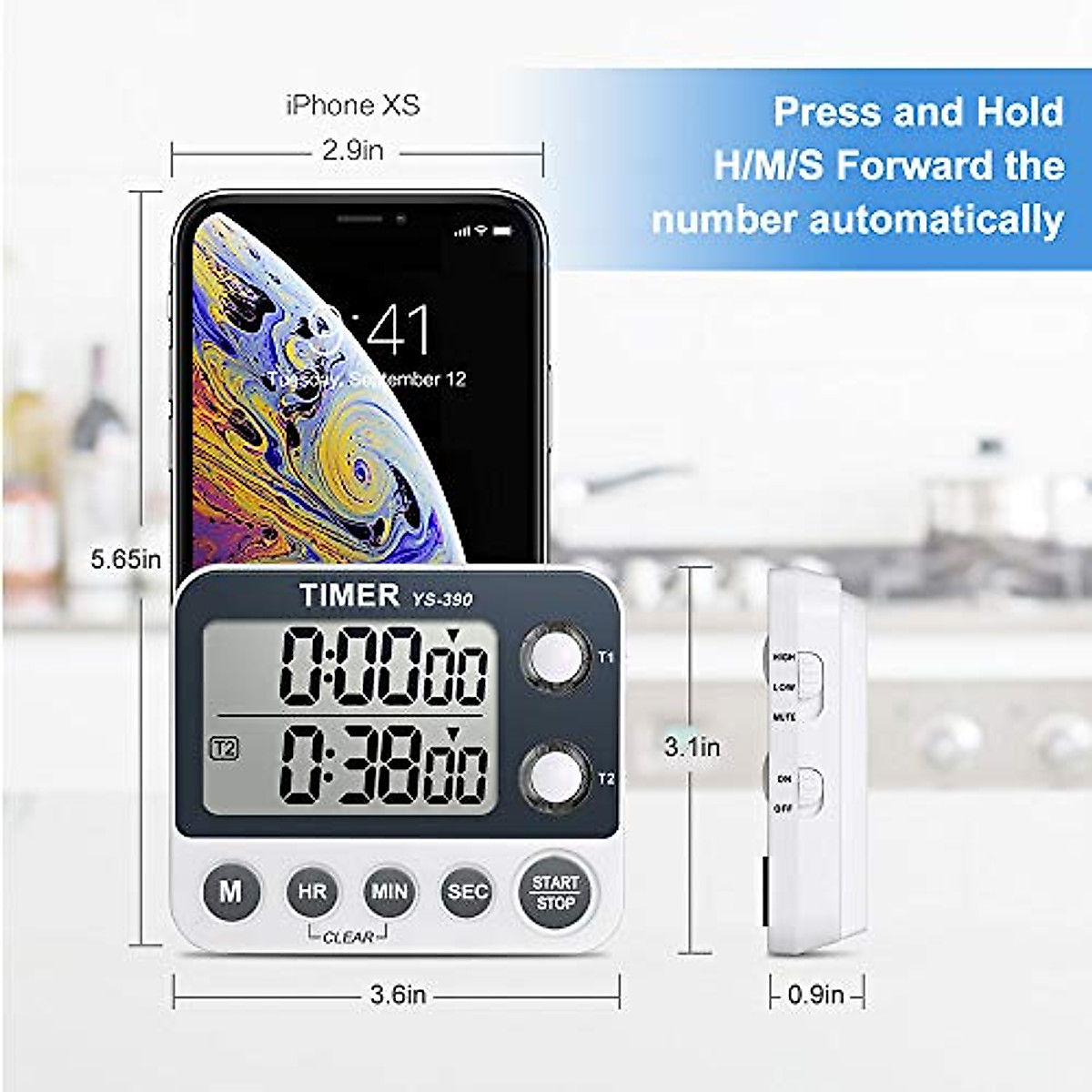 HomeMall Digital Dual Kitchen Timer, Cooking Timer, Dual Count Up ＆ Down Timer with Magnetic Back, Large Display, Adjustable Volume and Flashing Alarm Light, ON/Off Switch Stopwatch, Battery Included