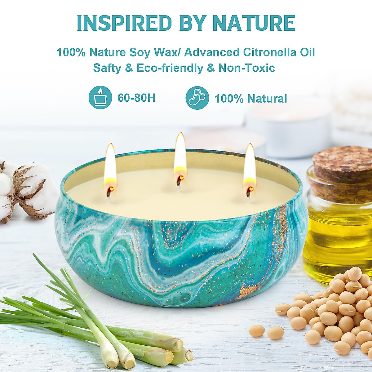 Ofun Citronella Candles Outdoor Decorative 36oz, 3 Wick Soy Wax Lemongrass Candle Set, Scented Candle Jar Candle Bulk Up to 240hrs, Summer Camping Candles for Patio, Garden, Balcony, Camping, BBQ