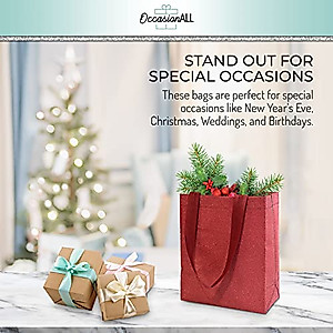 Small Gift Bags - 12 Pack Mini Red Metallic Glitter Gift Bags with Handles, Cute Reusable Eco Friendly Bling Tote for Valentine Goodie & Favor Bags, Birthday Party, Candy Favors, in Bulk - 6x3x8