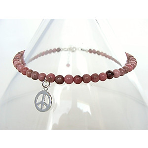 Peace charm anklet, dusty pink rhodonite stones sterling silver, adjustable length 9-10 inches, handmade by Let Loose Jewelry