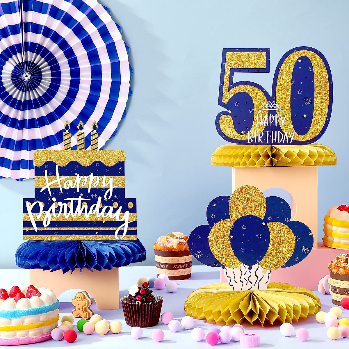 Spakon 8 Pieces 50th Birthday Decorations Glitter 50th Happy Birthday Honeycomb Centerpieces for Tables Fifty Years Blue and Gold Party Decorations Men and Woman Birthday Decorations