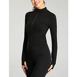 Gnveub Women’s Sports Running Jacket Slim Fit Stretchy Full Zip Athletic Workout Lightweight Jacket with Thumb Holes(Black,XL)