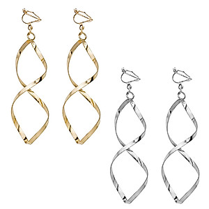 coadipress 2 Pairs Twisted Clip On Earrings for Women Fashion Gold Silver Plated Spiral Curved Wave Statement Clip-on Earrings Non Piercing Earrings (2 Pairs Twisted Clip)
