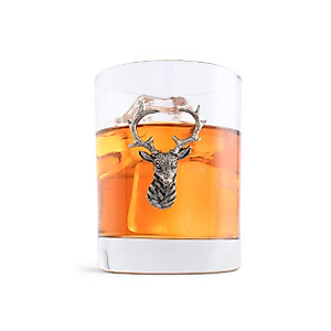 Vagabond House Pewter Elk/Deer Head Double Old Fashion/Bar/Whiskey/Juice/Rocks Deer Head Tumbler Glass Sold as Single 4.5 inch Tall 8 oz