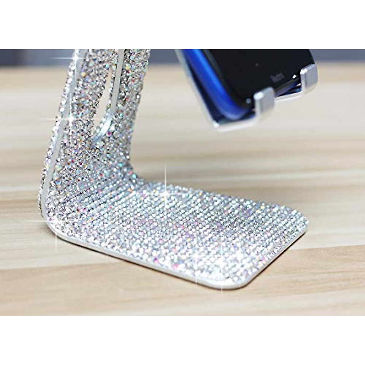 CARCHILE SZ Bling Rhinestone Crystal Adjustable Cell Phone Stand, Phone Holder for Desk, Phone Desktop Holder Stand Compatible with iPhone IPAD Samsung Smart (Silver)