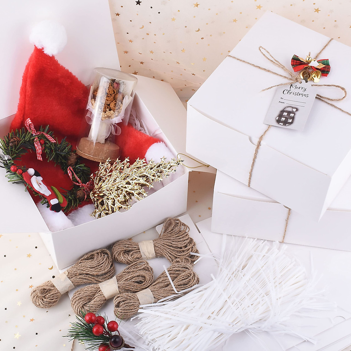 JOYIN 16 Pcs Christmas Kraft Gift Boxes, 8 x 8 x 4 In Easy Assemble Holiday Gifts Boxes with Grass Twines and Raffia Paper for Valentine's Day, Birthday, Wedding, Holiday Gift Wrapping