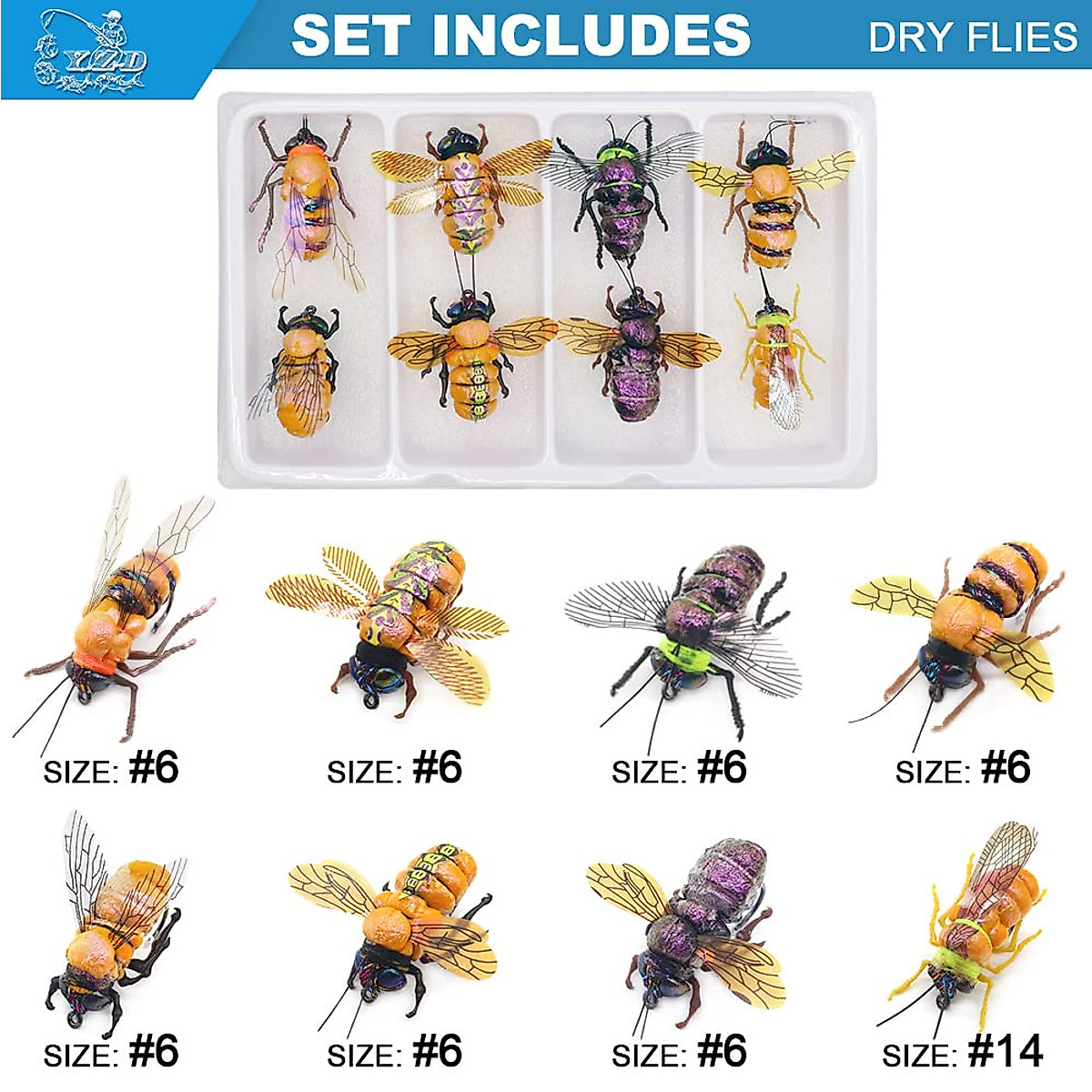 YZD Realistic Fly Fishing Dry Wet Nymph Trout Flies Topwater Lures for Freshwater Saltwater High Simulation Hand Tie Lure Kits 8 pcs
