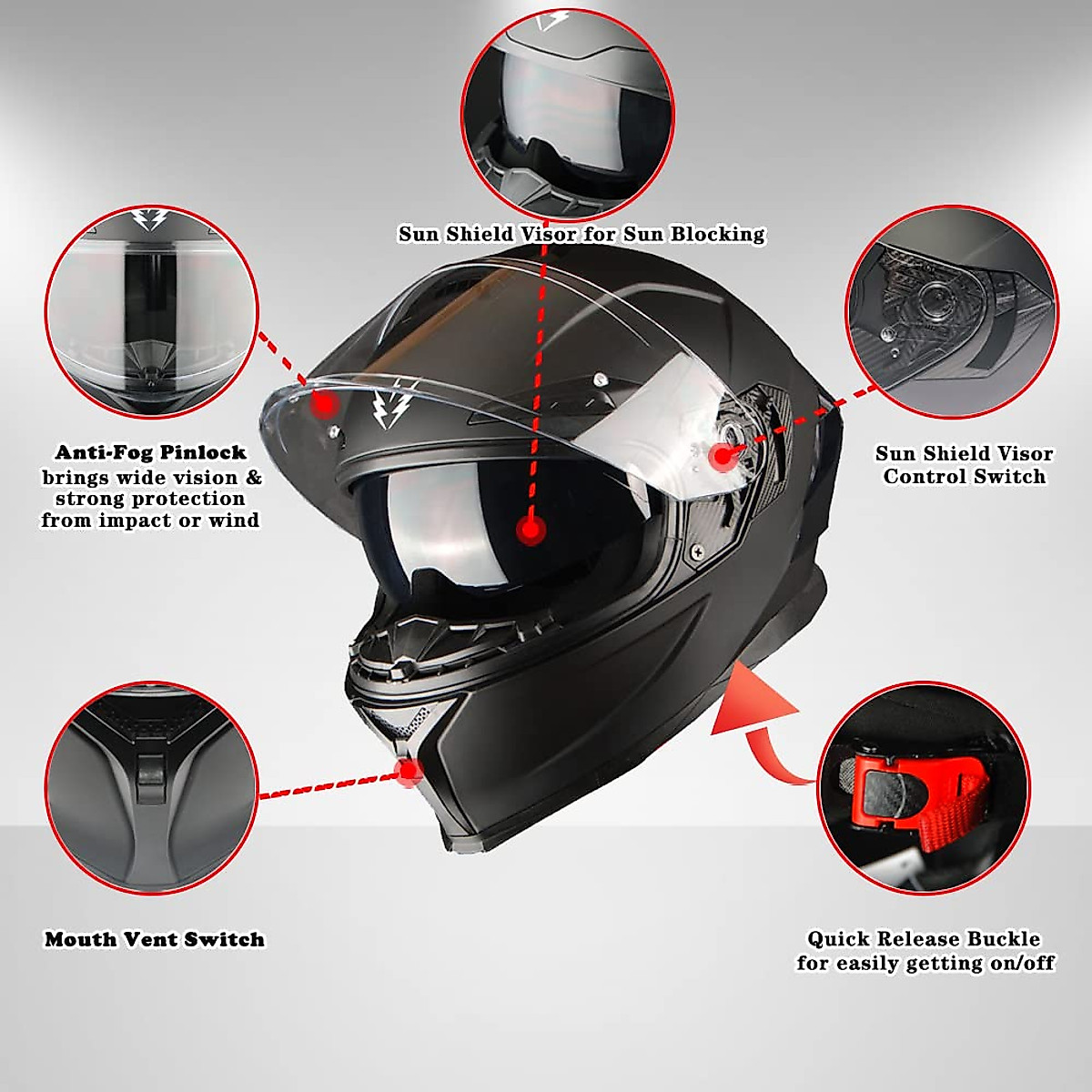 1Storm Motorcycle Full Face Helmet DOT Adults Street Bike Dual Visor Sun Inner Shield Anti Fog Pinlock Shield : Cement Grey
