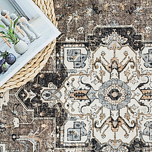 Washable Living Room Runner Rug - 8x10 Large Bedroom Rug Distressed Oriental Non-Slip Non-Shedding Print Floor Carpet for Dining Room Kitchen (Beige, 8 x 10)