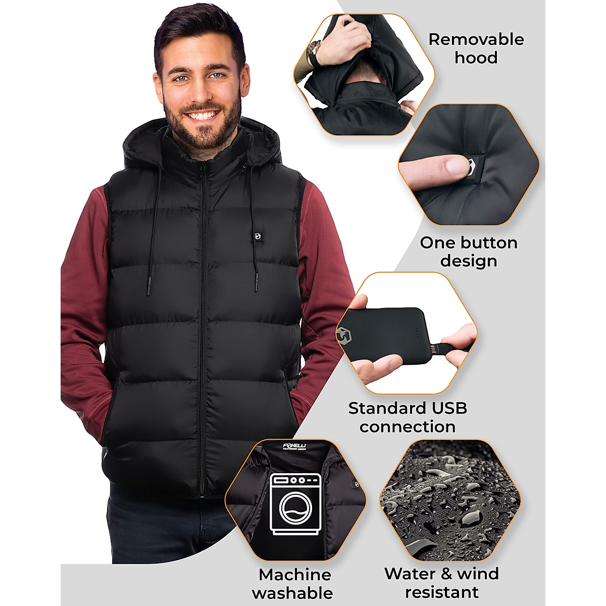 Foxelli Men's Heated Puffer Vest - Lightweight, USB Rechargeable Black Vest for Men, Men’s Winter Outerwear Vest with Battery