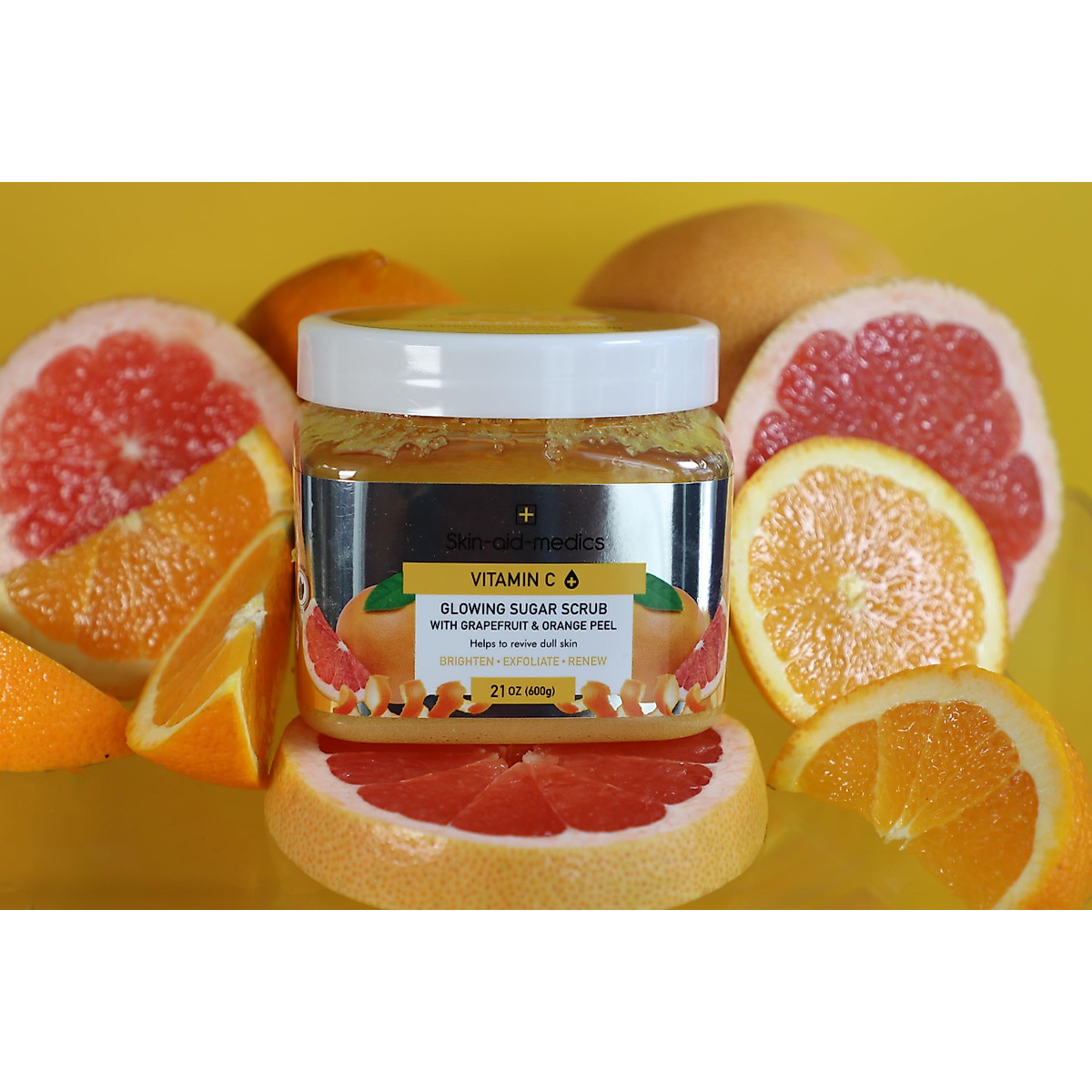 Skin Aid Medics Vitamin C Glowing Sugar Scrub, 21 oz, Brightening Body Scrub and Body Wash, Ultra Hydrating and Exfoliating Scrub for Nourishing Essential Body Care, Cruelty Free