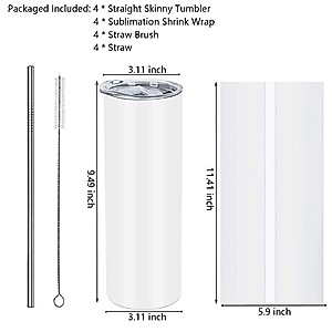 30 Oz Sublimation Skinny Tumbler Set, Stainless Steel Straight Skinny Travel Tumbler Bulk With Sublimation Shrink Wrap Films, Birthday Diy Gift For Women Friends Sisters, 4 Pack, White
