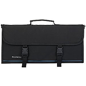Messermeister 17-Pocket Knife Case with Large Outer Pocket, Black - 17 Elasticized, Reinforced Pockets for Culinary Tools - Holds Up to 18” Knives - Functional, Stylish & Durable