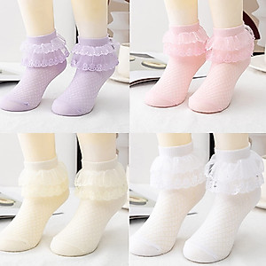 Looching 5 Pairs Toddler Baby Girls Ruffle Lace Trim Socks Eyelet Cotton White Frilly Ankle Soft Dress Socks Kids Princess Socks 1-13T (White, 4-6T)