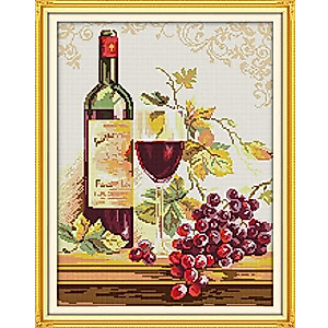 Cross Stitch Kits for Beginners Grapes & Wine Stamped Cross-Stitch Supplies Needlework DIY 14CT 2 Strands Cotton Thread Printed DIY Needlepoint Kits DMC Craft Needlework Set 34×43cm