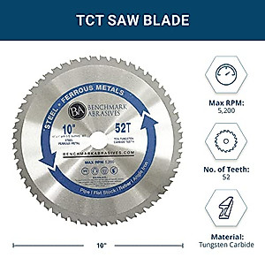 Benchmark Abrasives 10" TCT Saw Blades, Tungsten Carbide Tipped Circular Metal Cutting Saw Blades for Steel, Stainless Steel, Nickel, Titanium, Ferrous Metals, Steel Pipe (10" 52 Teeth)