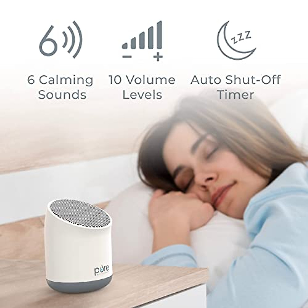 Pure Enrichment® Wave™ Mini Travel Sound Machine - 6 Soothing Sounds Including White Noise, Seamless Loop Audio, Rechargeable Battery, 48 Hour Run Time, Optional Timer, and Storage Bag
