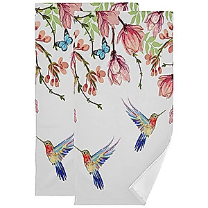 Tropical Flowers Butterflies Hummingbird Hand Towels Set of 2 Bathroom Towel 16x30 in Soft Absorbent Guest Bath Towel Kitchen Dish Towel Spa Home Bathroom Decorations