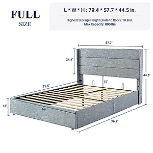 Allewie Full Size Lift Up Storage Bed, Modern Wingback Headboard, Hydraulic Support, No Box Spring Needed, Grey Blue