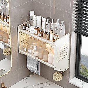 Bathroom cabinet storage box, wall mounted bathroom cabinet with 2 towel bars and detachable shelves, suitable for bathroom living room, laundry room, bedroom with 3 hooks (white, 15.8-inch large)