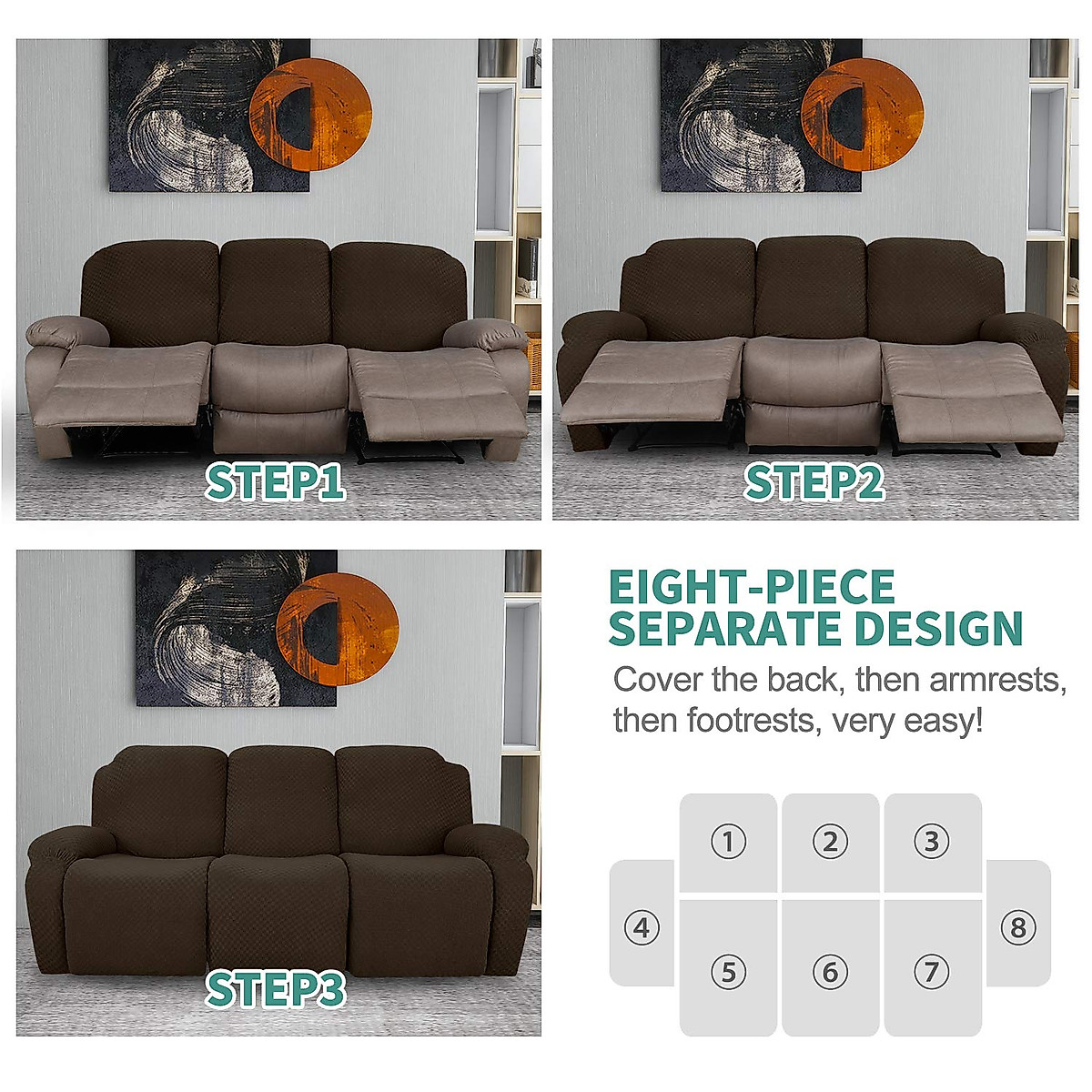 YEMYHOM 8 Pieces Stretch Recliner Sofa Cover Latest Jacquard Reclining Couch Cover with Side Pocket Anti-Slip Fitted 3 Cushion Furniture Slipcovers with Elastic Bottom (Sofa Recliner, Dark Coffee)