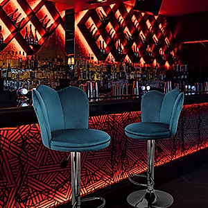 KR EVERKIND Velvet Bar stools, Classic Trident Design Swivel Barstools with Low Back & Footrest, Modern Counter Height Adjustable Bar Chair for Kitchen Island, Blue Set of 2