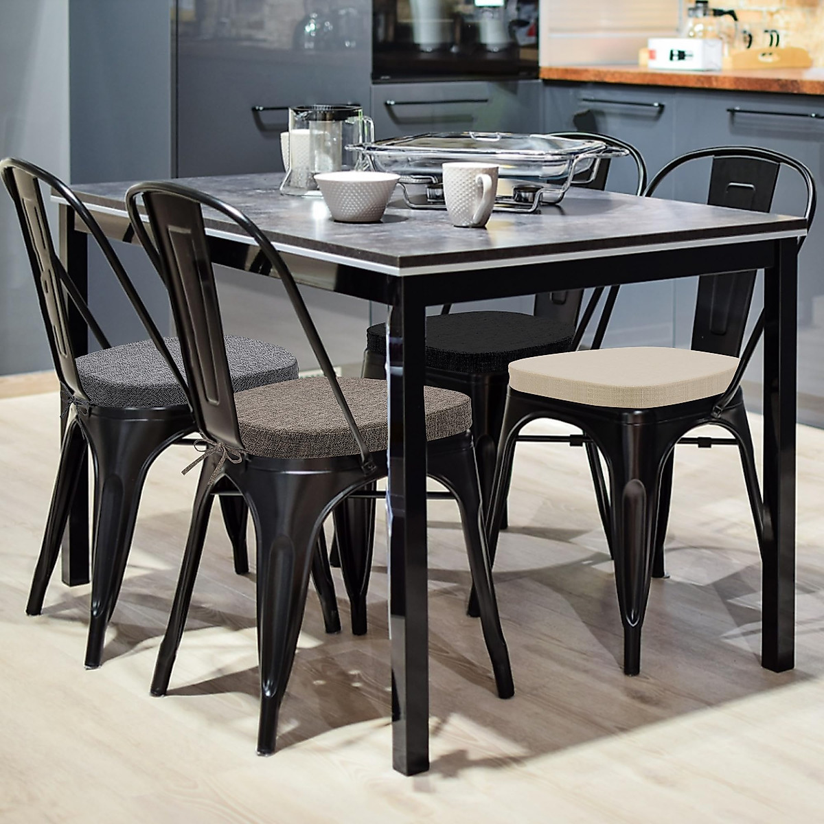 baibu 14x14 Inches Metal Chairs Cushions with Ties Set of 4, Non-Slip Metal Dining Chair Pads Kitchen Chair Cushions with Machine Washable Cover - 4 Cushions Only (Black, 14x14x1.5in)