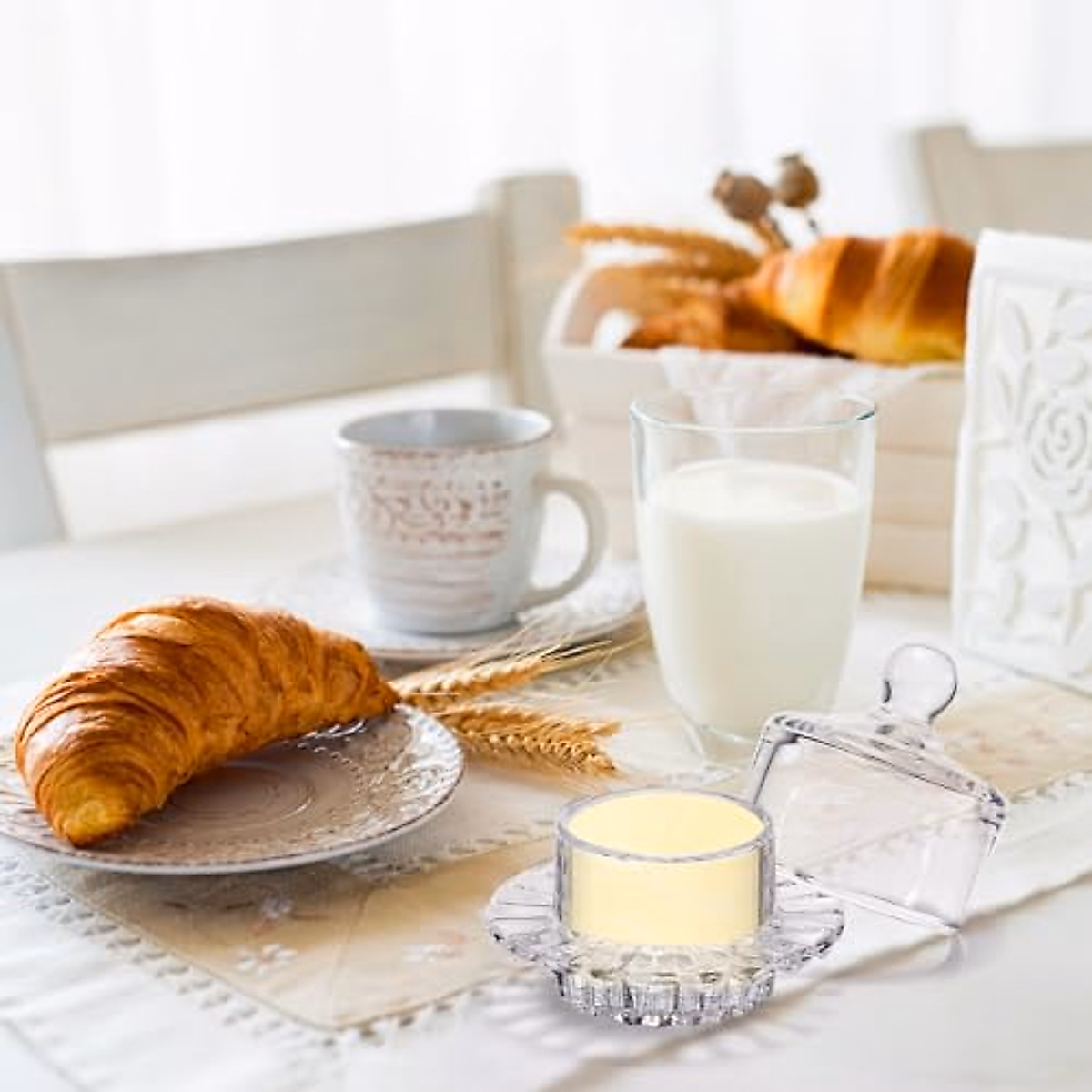 Frcctre 2 Pack Glass Butter Dish, Small Round Glass Butter Keeper with Dome Lid and Handle, Clear Butter Serving Dish Decorative Crystal Butter Container Butter Cloche for Candy, Dessert, Jam