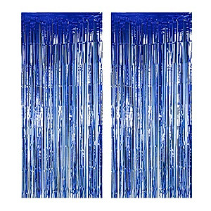 Muhome Blue Foil Fringe Curtain, 2PCS 3.28FT x 8.2FT Metallic Tinsel Door Curtains Photo Booth Backdrop for Wedding Birthday Bridal Shower Baby Shower Bachelorette Disco Dancing Party Decorations