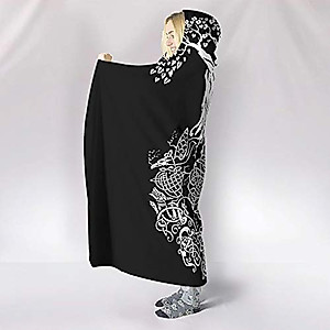 Festhad Black Ethnic Tree of Life Totem Norse Viking Yggdrasil Runes Wolf Raven Print Hooded Blankets Funny Cuddly Warm Winter Sherpa Fleece Hood Poncho Cloak Cape for Adults Kids White 60x80 inch