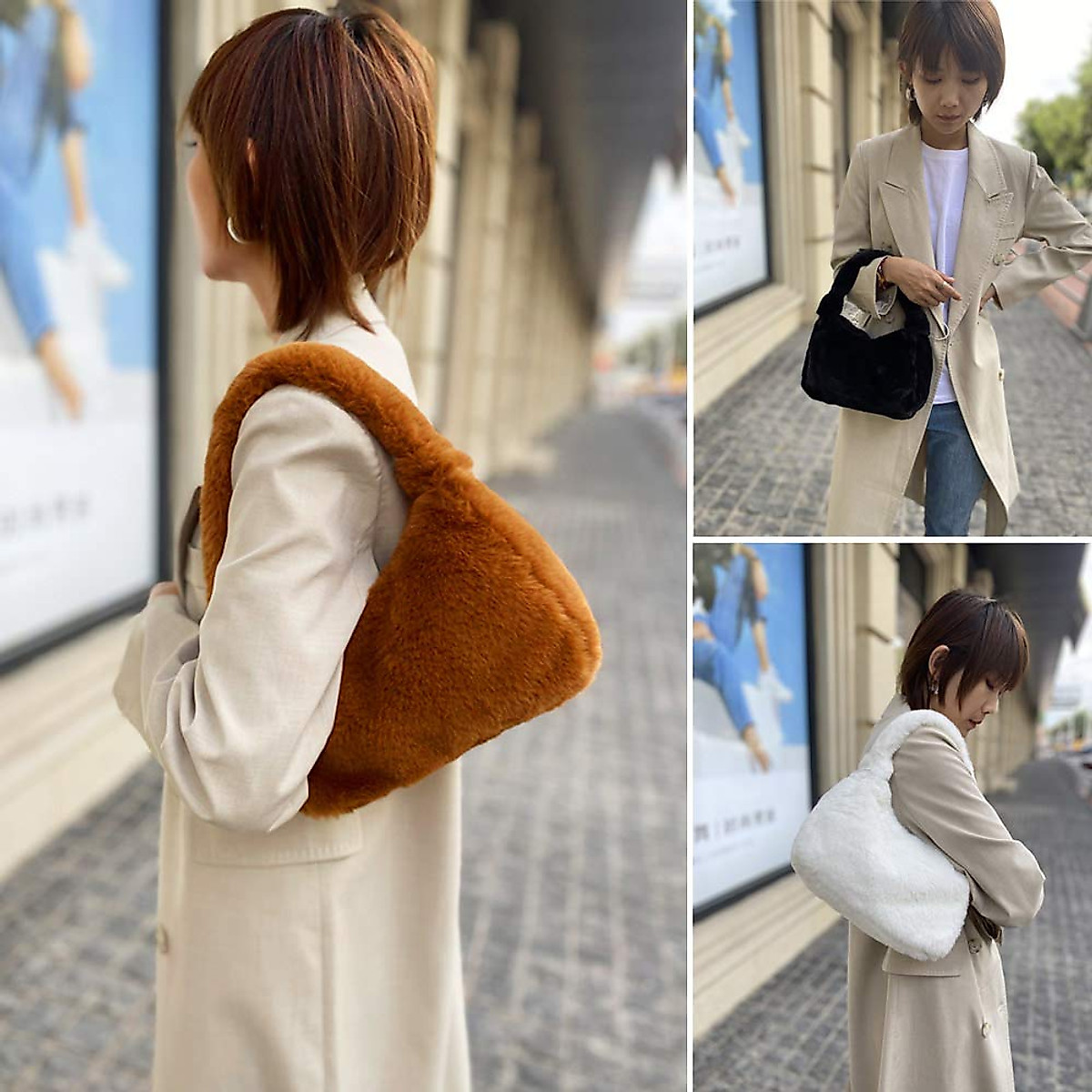 Women Leopard Print Clutch Handbag Plush Faux Fur Tote Bag Soft Warm Shoulder Crossbody Purse (1-cow print White)