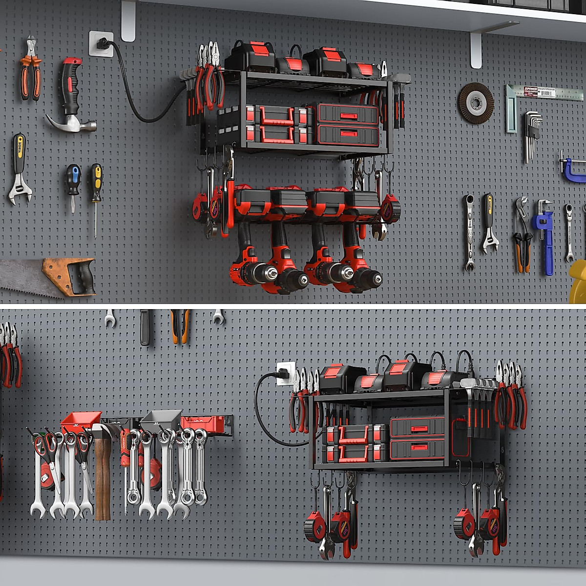 JUNNUJ Tool Organizer with Charging Station, 3 Layers Wall Mount Garage Tools Storage with 8 Outlets Power Strip, 4 Drills Holder Battery Heavy Duty Metal Shelf, Utility Rack with Hooks, Black