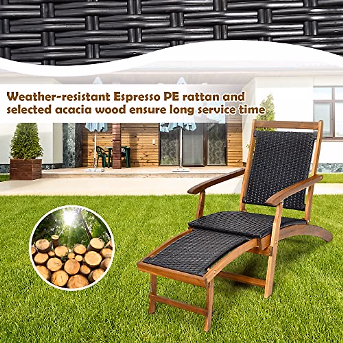 Tangkula Set of 2 Acacia Wood Folding Chaise Lounge Chair, Patiojoy Outdoor Foldable Deck Chair, Portable Wicker Lounger with Retractable Footrest, Ideal for Garden, Poolside, Courtyard