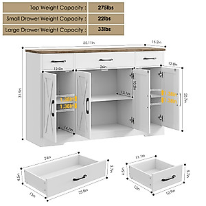 HOSTACK Buffet Cabinet with Drawers, 55" Large Sideboard Buffet Storage Cabinet with Shelves and Doors, Modern Farmhouse Coffee Bar Cabinet Wood Buffet Table for Kitchen, Dining Room, White/Rustic