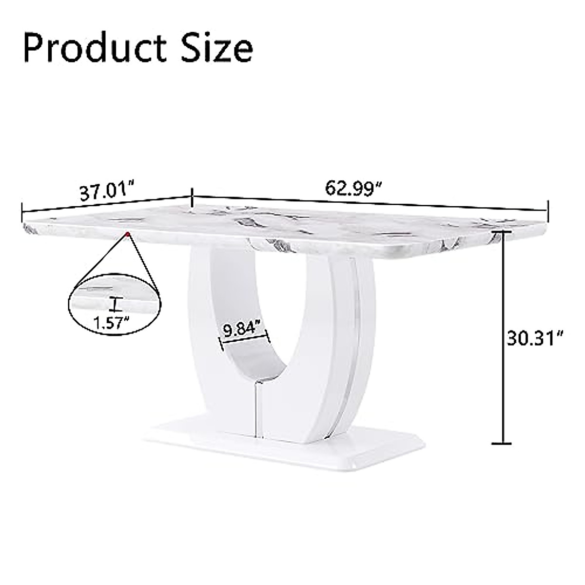 White Marble Dining Table for 4-6, Modern Kitchen Dining Room Table with Faux Marble Top and U Shape Wood Pedestal Base, 63" Rectangular Dining Table for Dining Room Kitchen Living Room