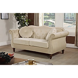 US Pride Furniture Anna Collection Modern Chesterfield Velvet Upholstered Sofa for Living Room with Elegant Rolled Arms, Solid Wood Frame & Accent Throw Pillows, Loveseat, Beige