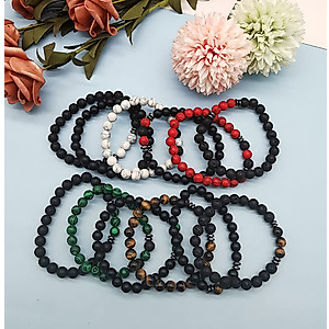 MOZAKA 12Pcs 8mm Natural Stone Lava Rock Beaded Bracelets for Men Women Tiger Eye Hematite Black Onyx Matte Beads Essential Oil Diffuser Lava Stone Bead Bracelets Bulk (12Pcs-B)