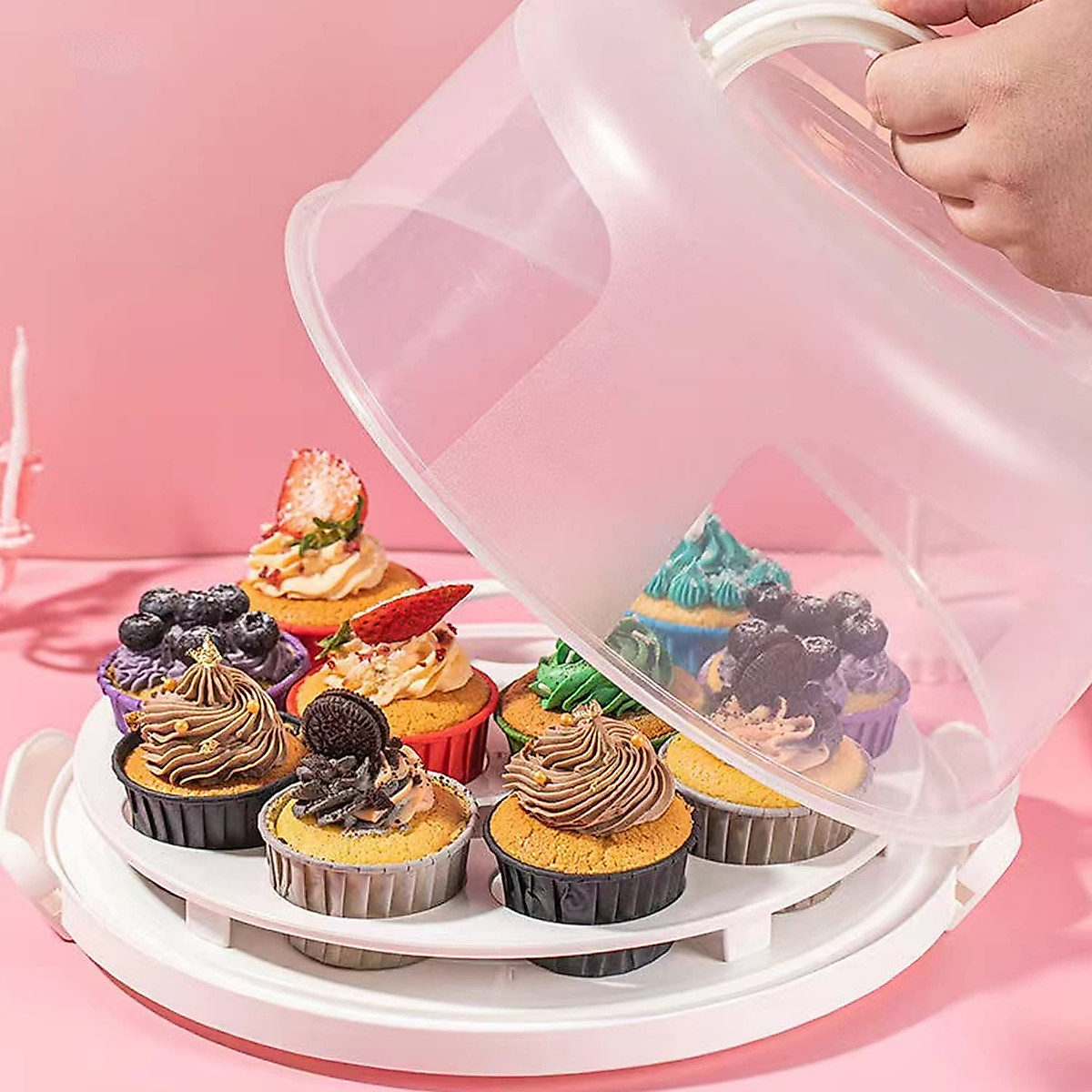 QianChi Cake Keeper with Cover & Cupcake Insert - Plastic Cupcake Carrier with Handle - Round Cake Carrier with Lid,12 Cupcake Holder and 12 x 4.7 Inch Cake - Caddie for Travel & Includes Cake Turntable