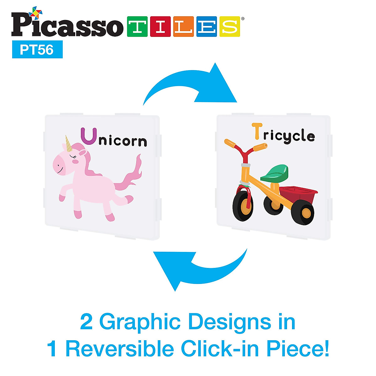 PicassoTiles Magnetic Building Blocks with Tiles and Educational Artwork Graphic Click-in Inserts Magnet Construction Toy Set STEM Learning Kit Playset Child Brain Development PT56