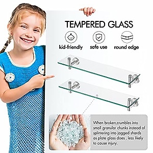 KES Bathroom Glass Shelf Rectangular 20-Inch Floating Glass Shelves 2 Pack with Rustproof Stainless Steel Brackets Wall Mounted Brushed Finish, A2021-2-P2