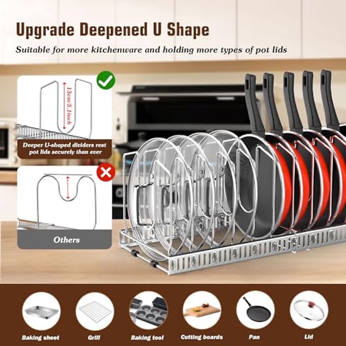 Housolution Pot Lid Organizer, Stainless Steel Expandable Pot and Pan Organizer with 14 Adjustable Dividers, Pan Storage Rack Lid Holder for Cabinet, Silver