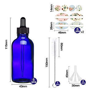 STARSIDE 6 Pack 120 ml 4 oz Amber Glass Bottles with Glass Droppers and Black cap.Glass Dropper Bottles for Essential Oils,Lab Chemicals,Colognes,Perfumes.Included 1 Brush,2 Funnels and 12 Labels.